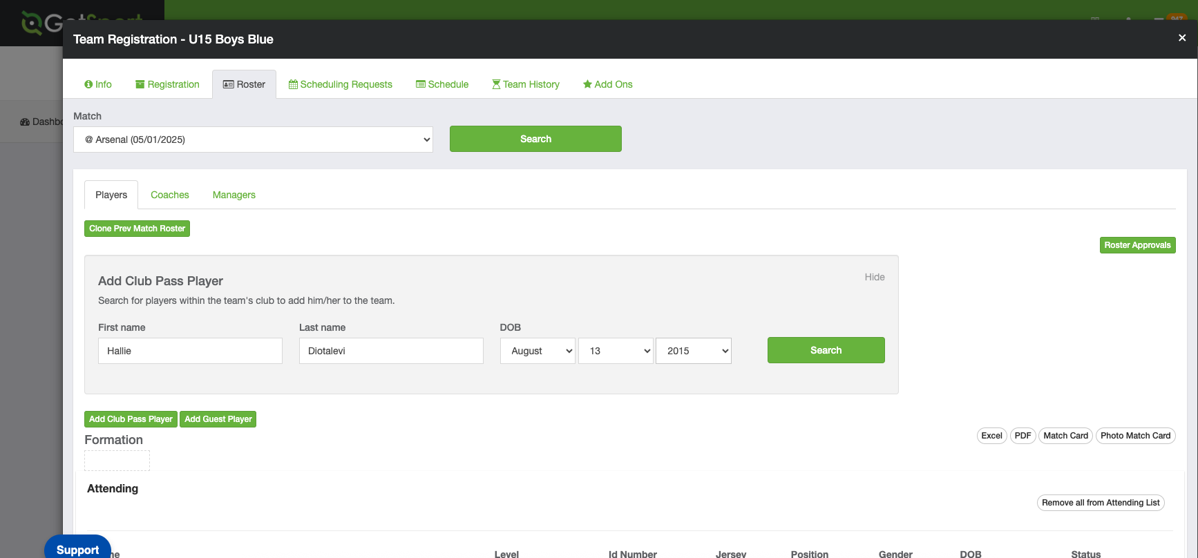 As a Manager/Coach - How to set a Match Day Roster & Add Club Pass Players for a League